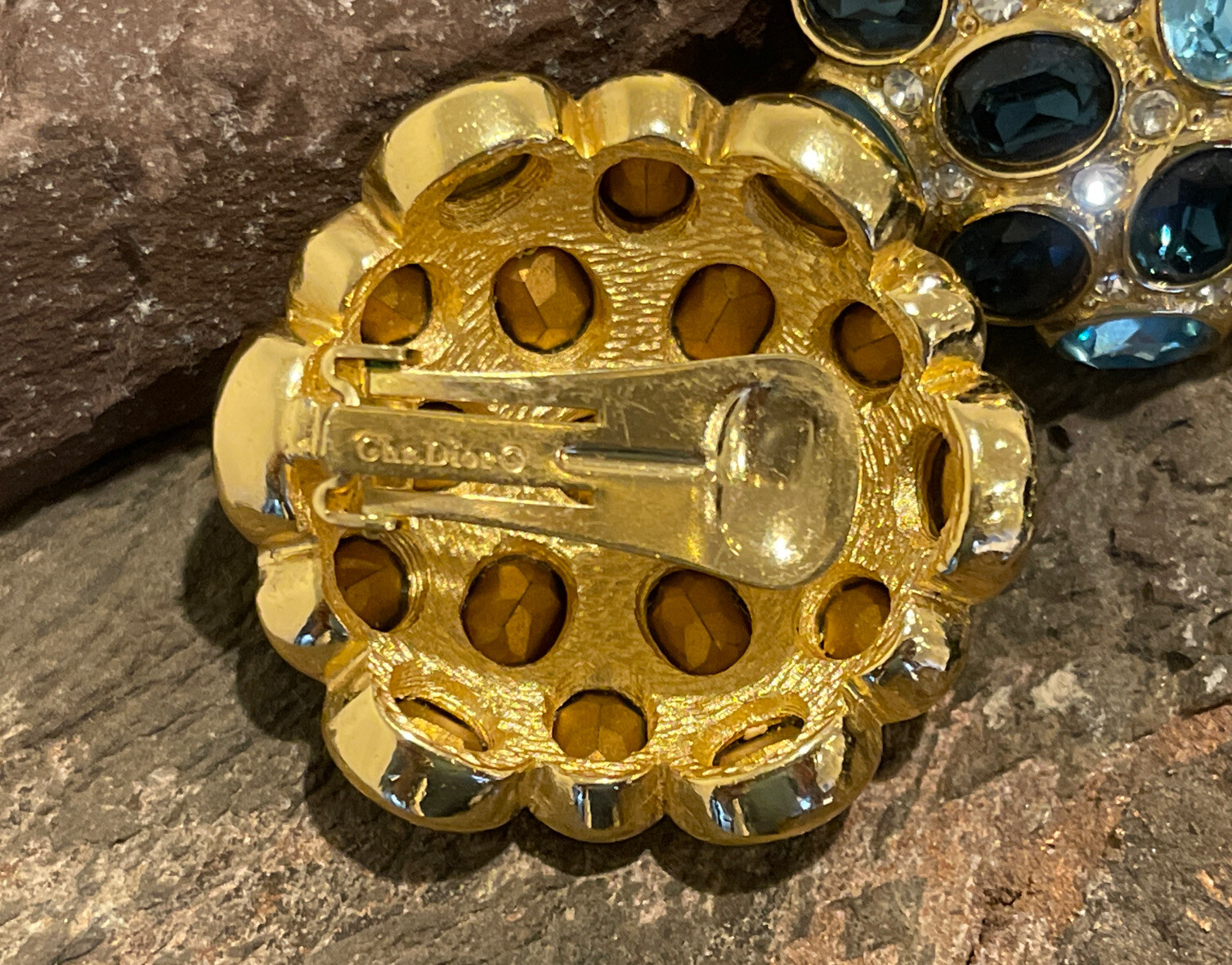 Christian Dior Large Gold Plated Icy Blue Geometric E… - Gem