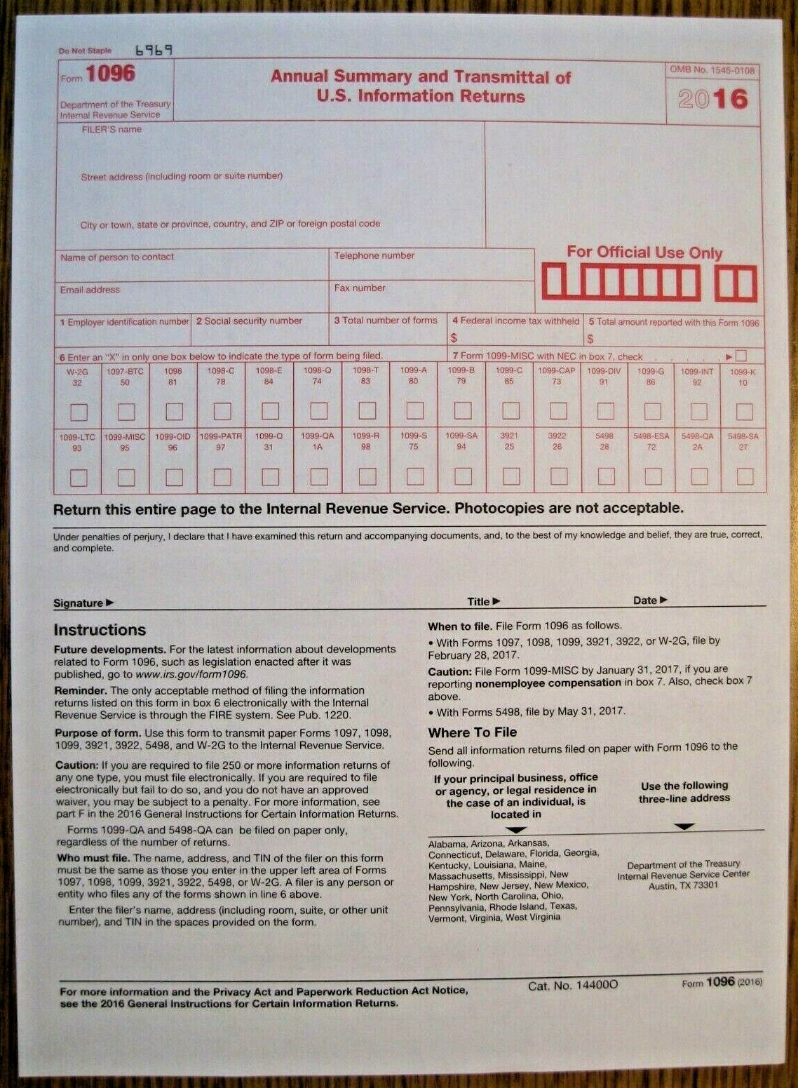 10-pack - 2016 Tax Form 1096 Annual Transmittals ONLY (for 1099-MISC to ...