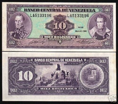 Venezuela 10 BOLIVARES P-61 1990 UNC Venezuelan World Currency Money ...