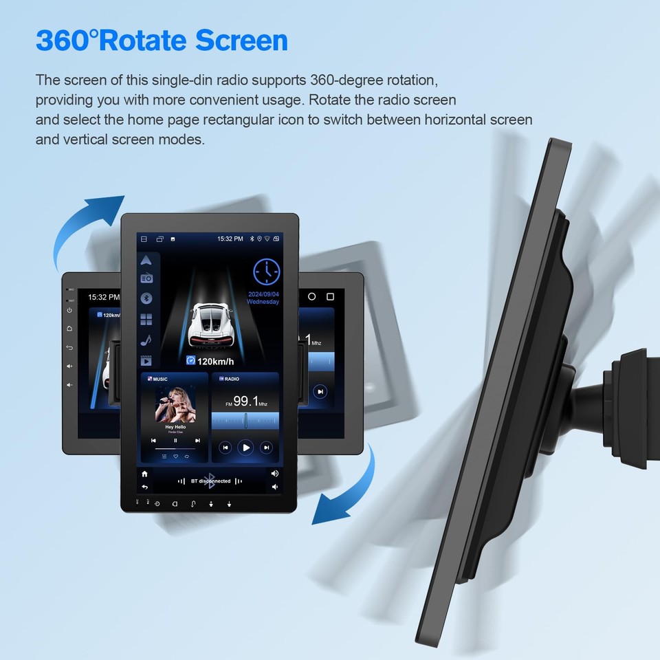 10.1" Rotatable Touch Screen Car Stereo Single Din - Android 13 ...