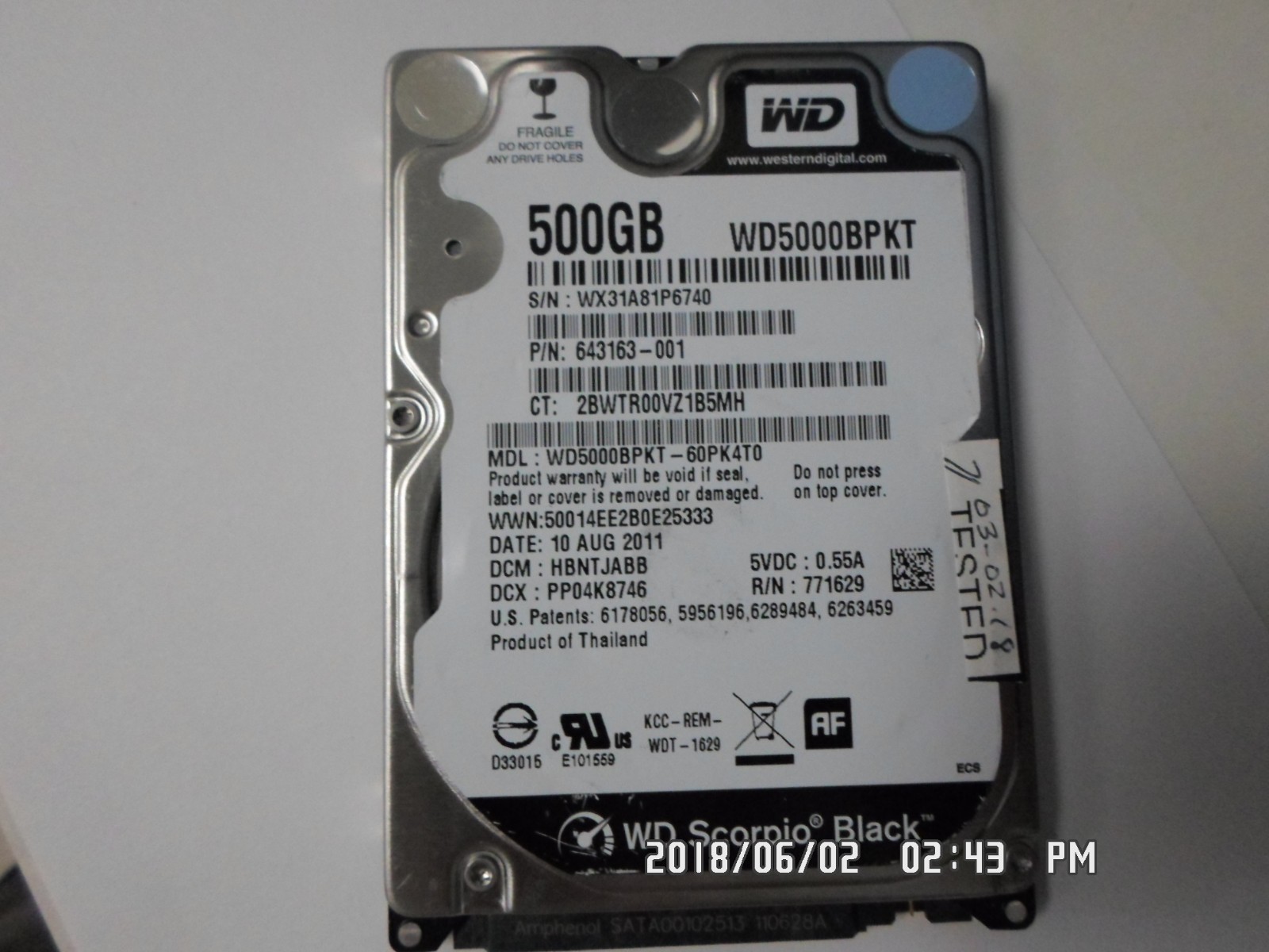 Western Digital WD5000BPKT-60PK4T0, 643163-001 HARD DRIVE 500GB SATA 2. ...