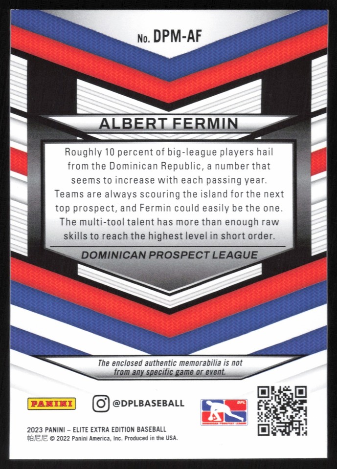 2023 Panini Elite Extra DPL Materials Albert Fermin BB1024 RC Jersey # ...