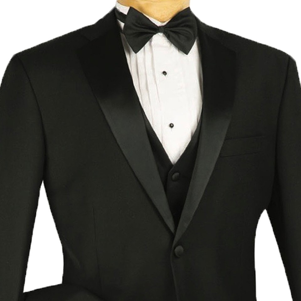 Vinci Mens Black 4pc Tuxedo W Sateen Lapel Trim Adj Waist And Bow Tie New Ebay