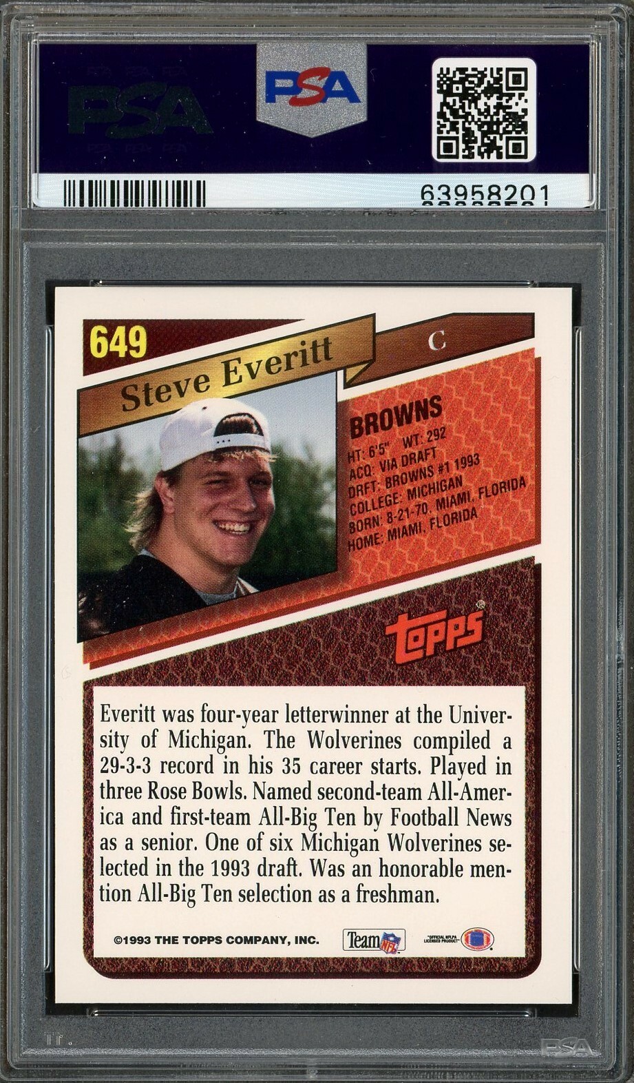 1993 TOPPS ROOKIE RC FOOTBALL STEVE EVERITT #649 PSA 9 MINT | eBay