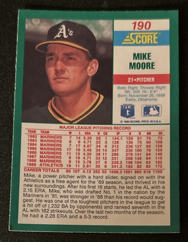 1990 Score Mike Moore Baseball Card #190 Athletics Pitcher GD/VG O/C | eBay
