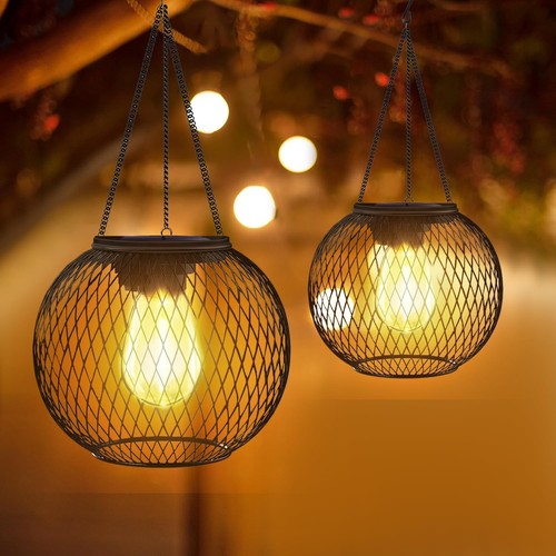 2 Pack Solar Hanging Lanterns Outdoor, Metal Solar Hanging Lights with ...