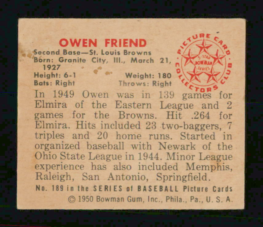 1950 BOWMAN # 189 OWEN FRIEND RC 18889 | eBay