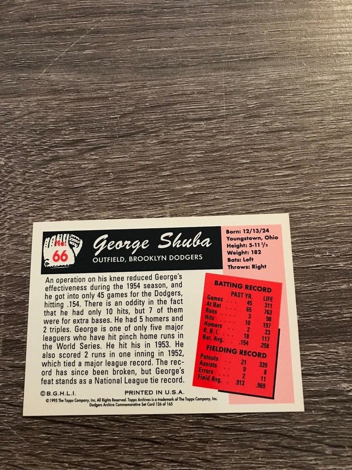 1955 Bowman #66 George Shuba MINT REPRINT | eBay
