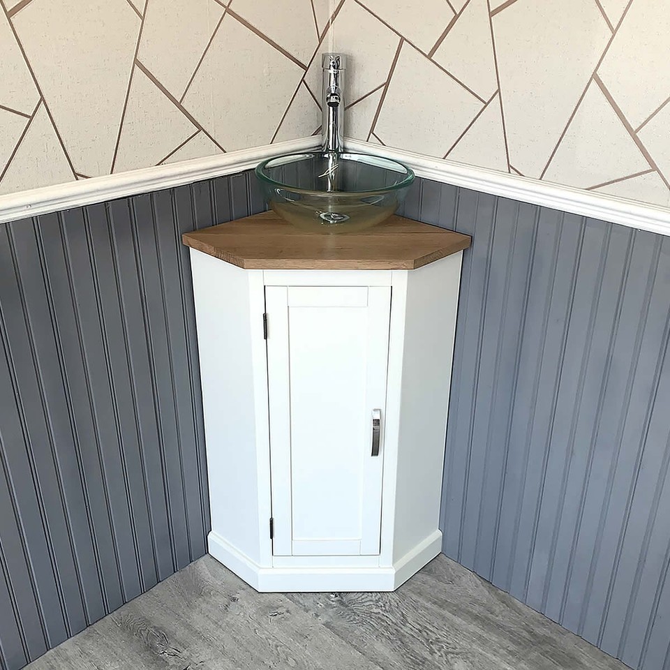 Bathroom sink unit vanity cabinet white corner unit with basin tap and ...
