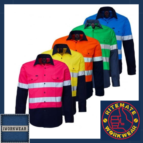 RITEMATE PINK-BLUE-YELLOW-GREEN-ORANGE LONG SLEEVE DRILL SHIRT 3M TAPE ...
