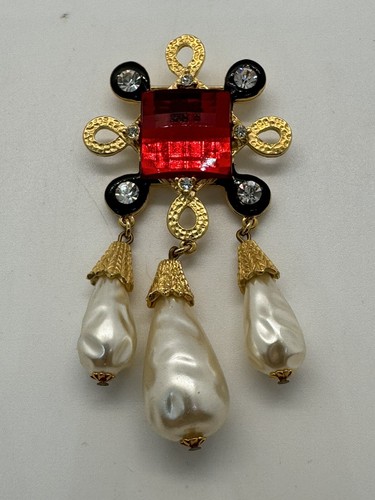Craft Signed Brooch Red Faceted Square Rhinestone With Faux Pearls 3 1/ ...