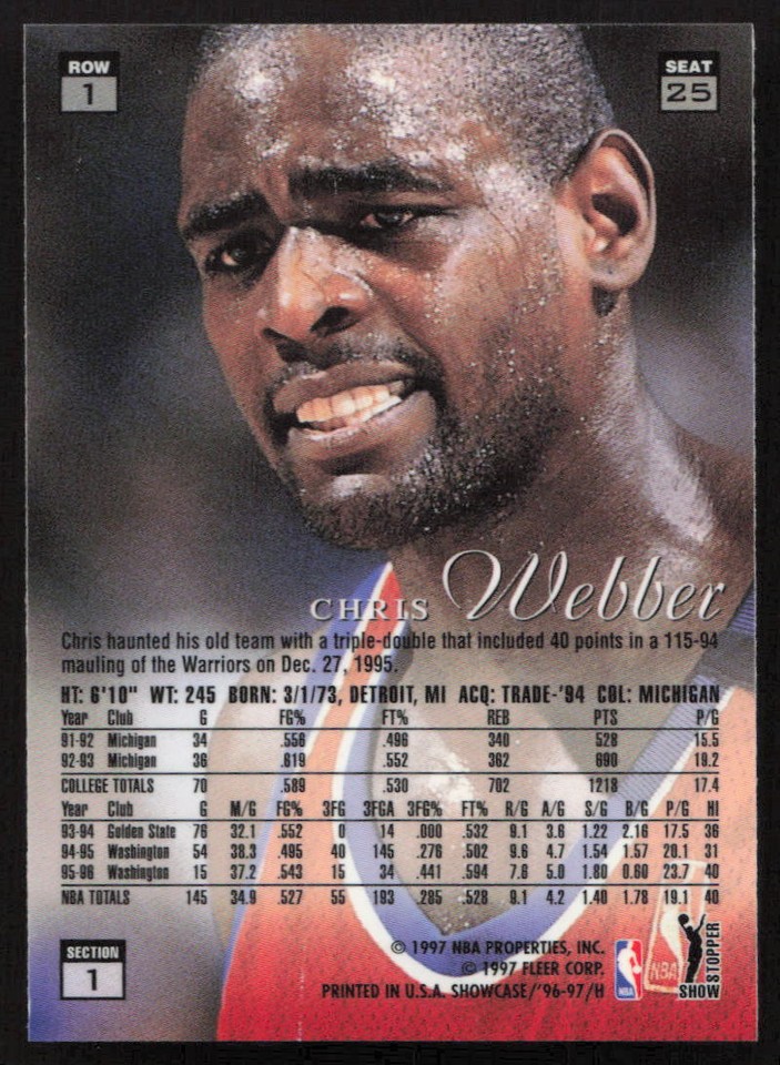 1996-97 Flair Showcase #25 Chris Webber Washington Bullets Row 1 HIGH ...
