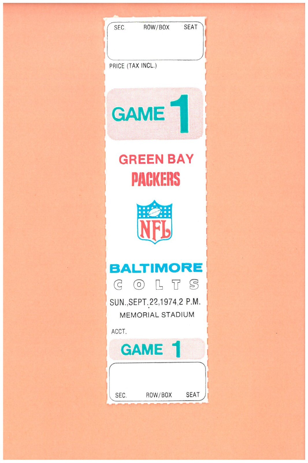 Green Bay Packers at Baltimore Colts 9-22-1974 NFL ticket Topps Roger ...
