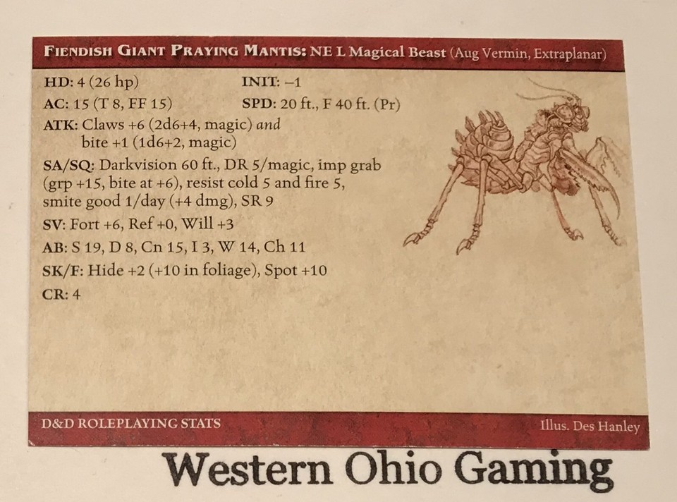 D&D Miniatures Fiendish Giant Praying Mantis #49 STAT CARD ONLY USED ...