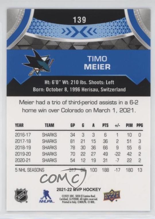2021-22 Upper Deck MVP Factory Set Blue Timo Meier #139 2o7 | eBay