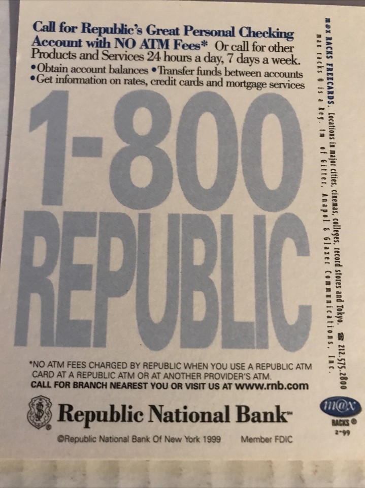 Republic National Bank Postcard banking 1999 new york vintage max racks ...