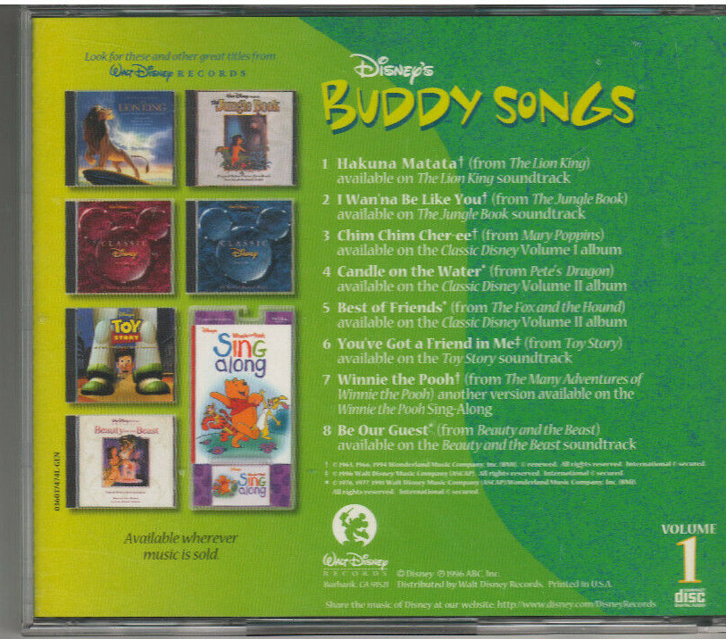 DISNEYS BUDDY SONGS VOLUME 1 Various Artists (CD, 1996, Disney Records ...