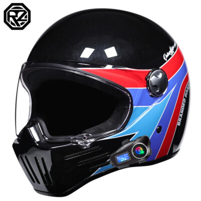 Retro Bluetooth Motorcycle Full Face Helmet Intercom Headset Wireless ...