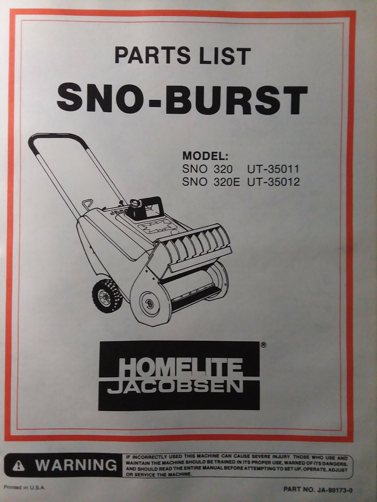 Homelite Jacobsen SNO BURST Snow Thrower UT-35011 UT-35012 Parts Manual ...