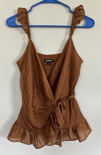 Express Wrap Blouse Size XS Brown Ruffle Top V-Neck | eBay