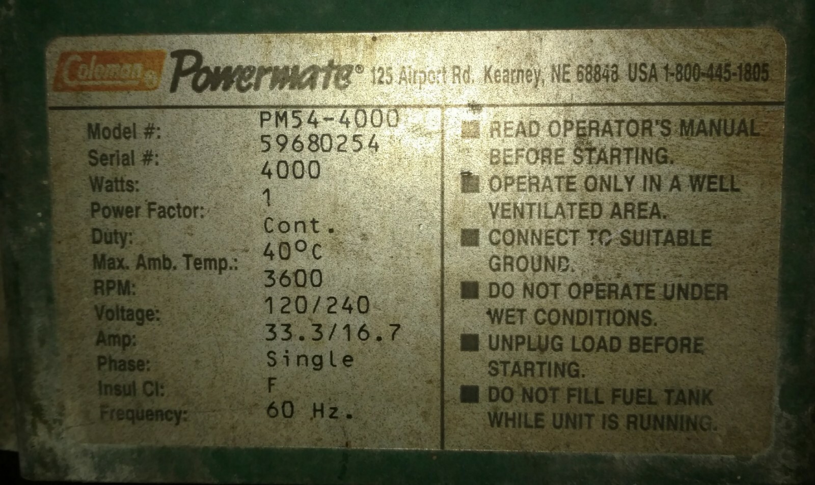 Coleman PM54-4000 Powermate 4000 watt generator | eBay