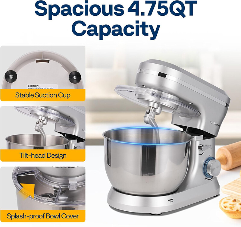 Stand Mixer 4.75QT 8-Speed 380W Tilt-Head Kitchen Electric Food Mixer ...
