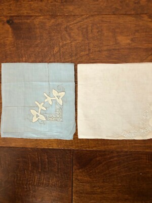 Pretty Pair of Antique Embroidered Hankies, Blue and White | eBay