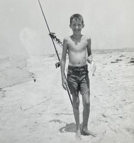 Old Vintage B&W Photo Skinny Young Happy Boy Beach Surf Fishing w/ Pole ...