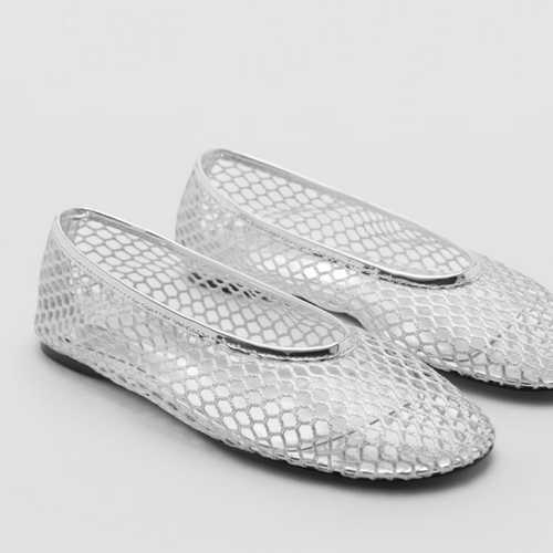NEW MANGO MNG $80 SILVER METALLIC MESH BALLERINA SHOES BALLET FLATS SZ ...
