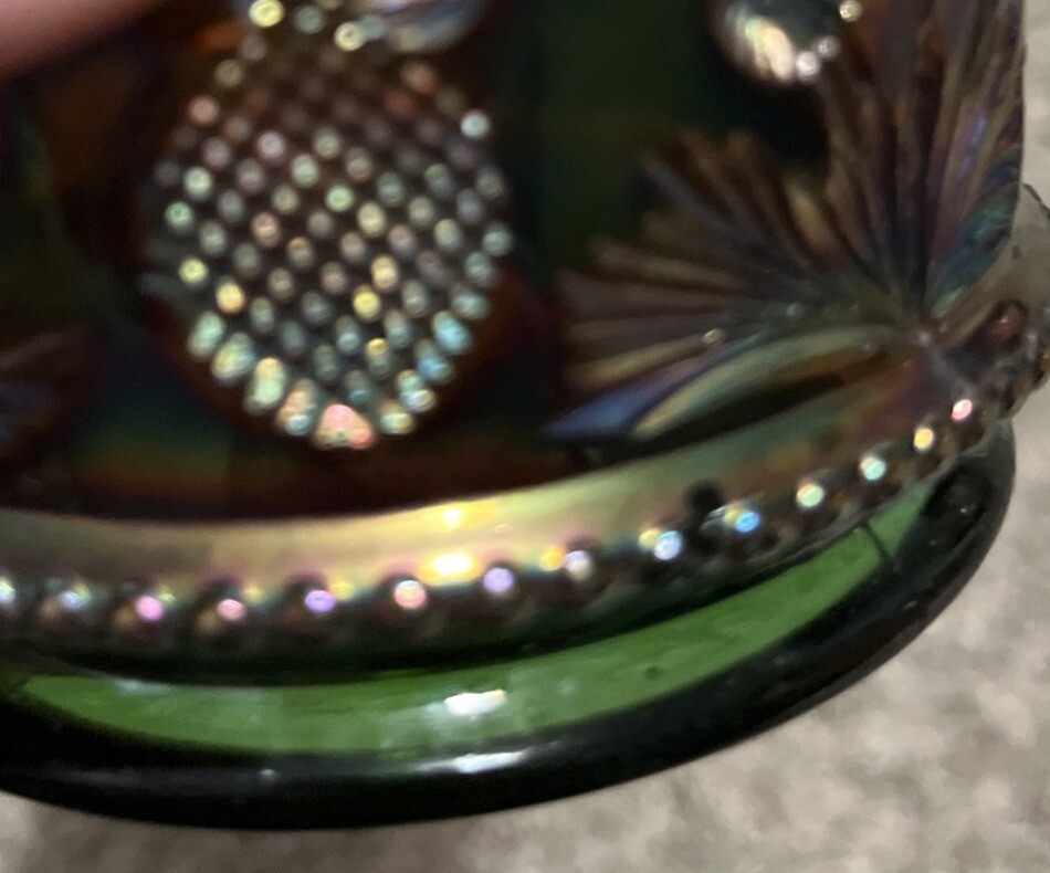 ANTIQUE CAMBRIDGE INVERTED STRAWBERRY GREEN CARNIVAL GLASS POWDER JAR ...