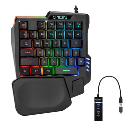 One Handed Gaming Keyboard Rainbow LED Light Up, 35 Keys Protable Mini ...