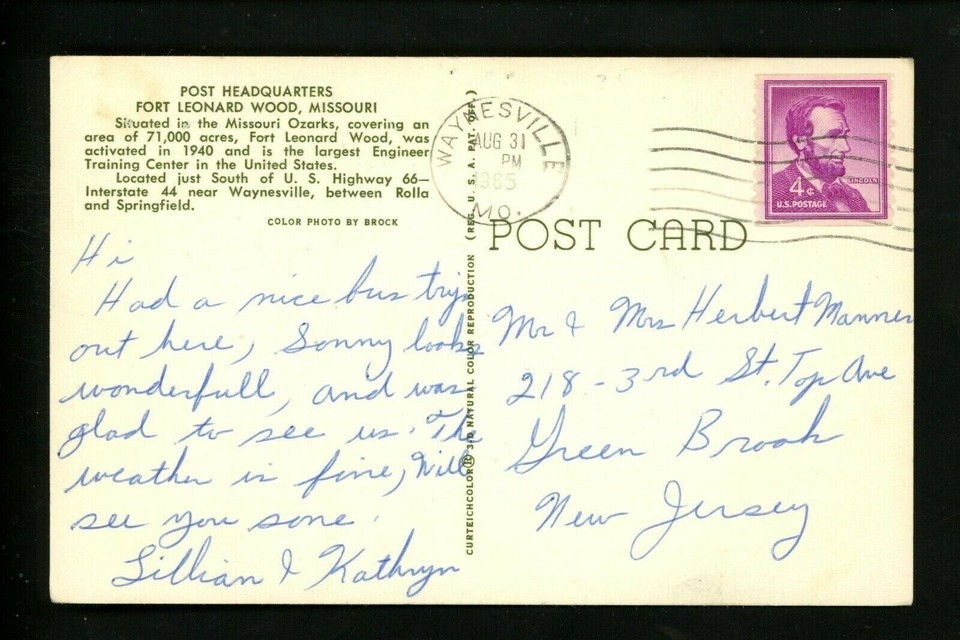 Military Base postcard Post Headquarters Fort Leonard Wood, MO chrome ...