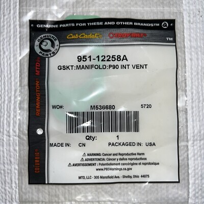 CUB CADET 951-12258A Manifold Gasket :p90 INT Vent Free Shipping | eBay