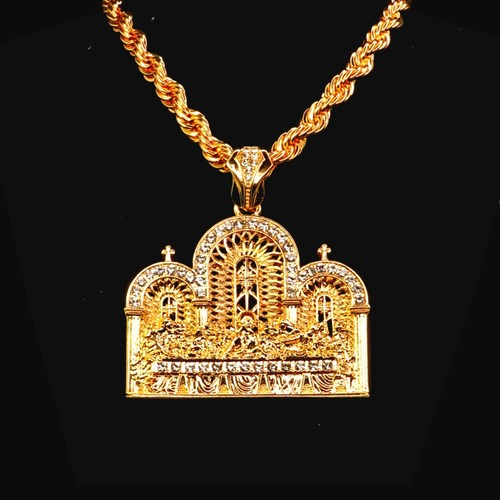 DIAMOND JESUS PIECE LAST SUPPER PENDANT GOLD ROPE CHAIN NECKLACE HIP ...