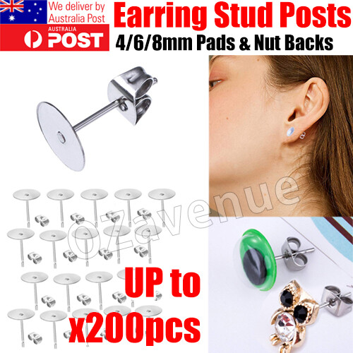 200pcs 4/8mm DIY Flatback Earring Stud Posts Pads & Nut Backs Stainless ...
