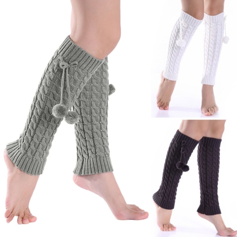Women Winter Twist Cable Knit Leg Warmers Plush Ball Bow Knee High Boot ...