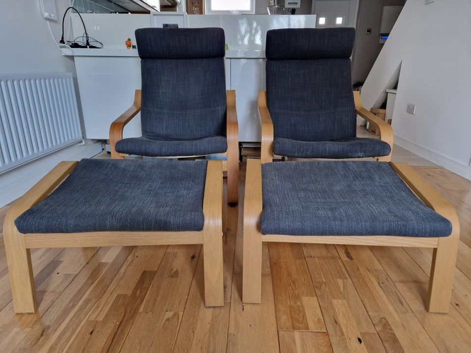 2x Ikea Poang chairs and footstalls. Oak effect/Hillared Anthrocite ...