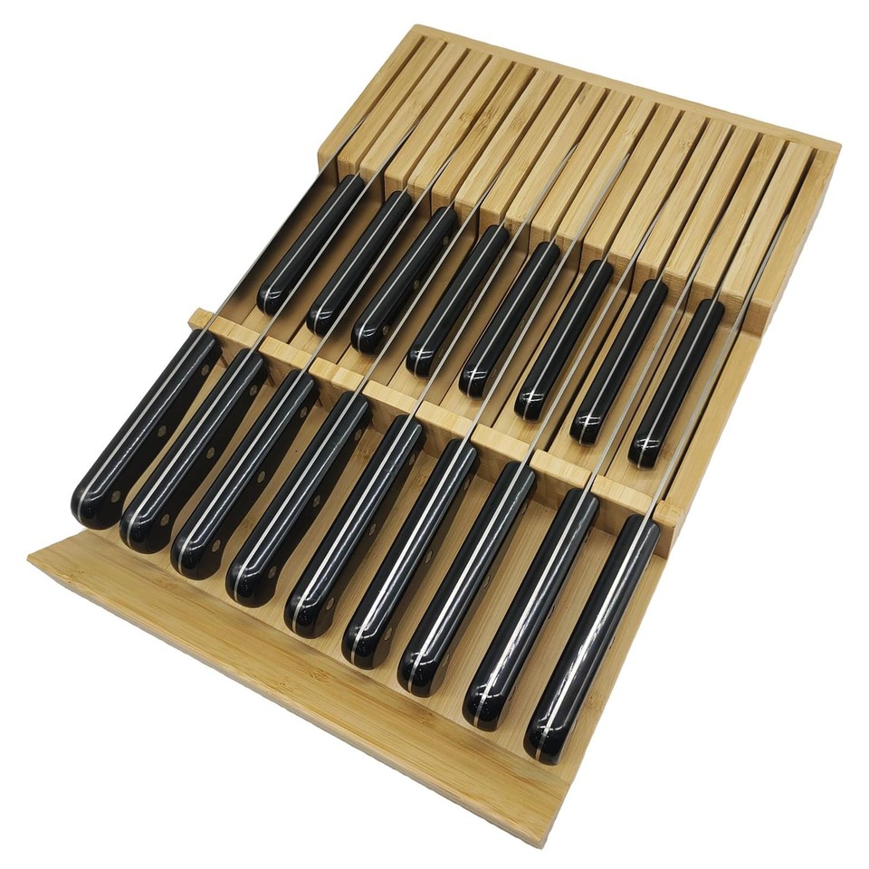 Bamboo In-Drawer Knife Block, 17 Slot Large Capacity Knives Organizer ...