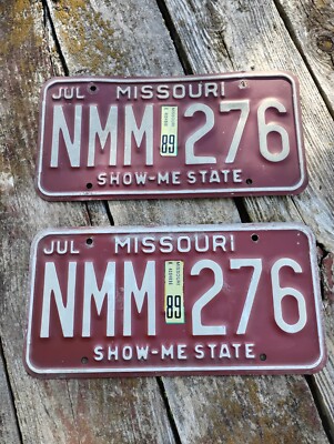 PAIR 1989 Missouri License Plates - "NMM 276" JUL 89 stickers SHOW-ME ...
