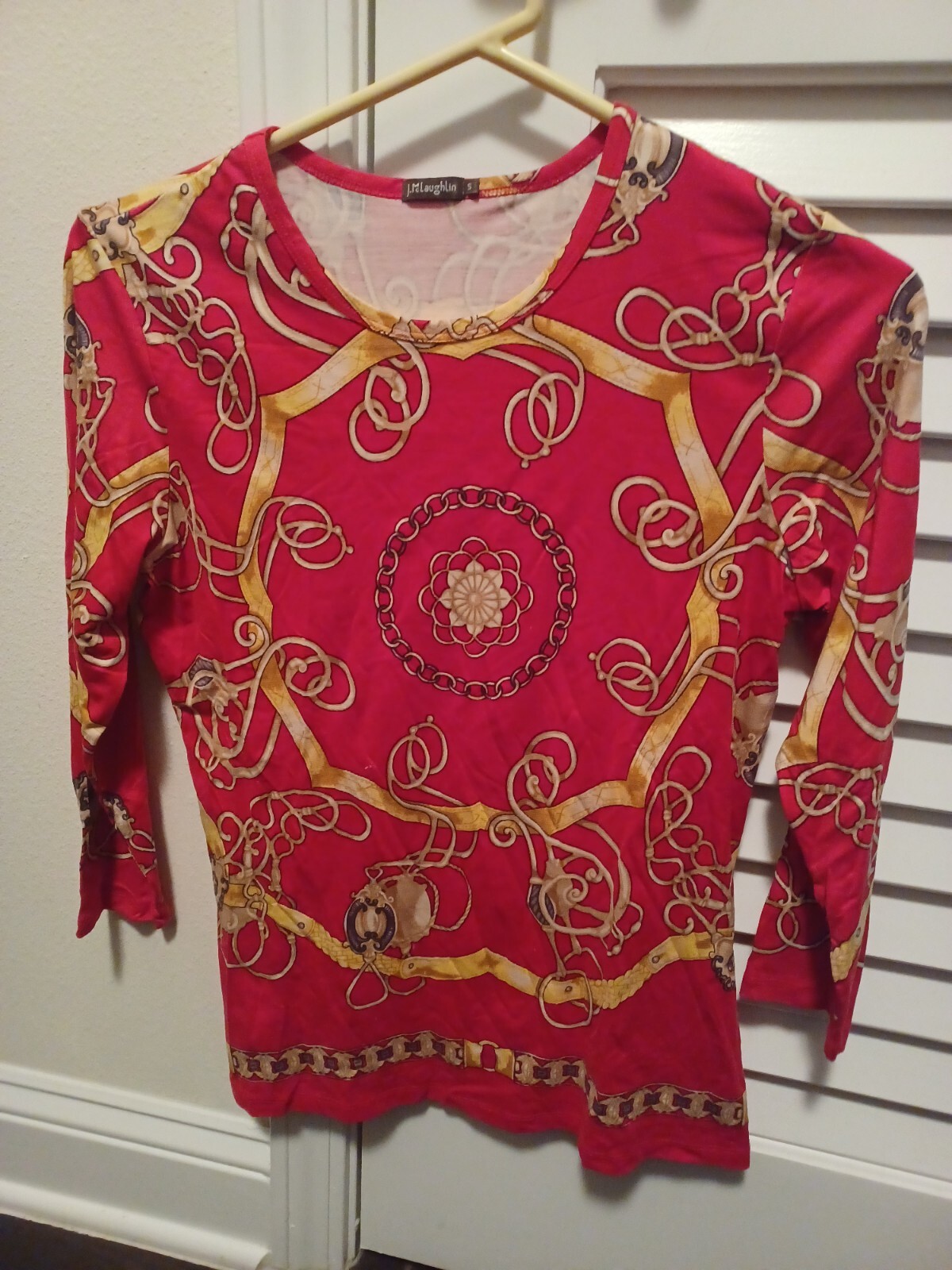 J.Mclaughlin Size S Womens Top 3/4 Sleeve Red Gold Chain Print Silk ...