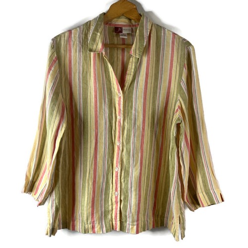 JM Collection Womens Linen Shirt Top Size 18 Yellow Striped Button ...