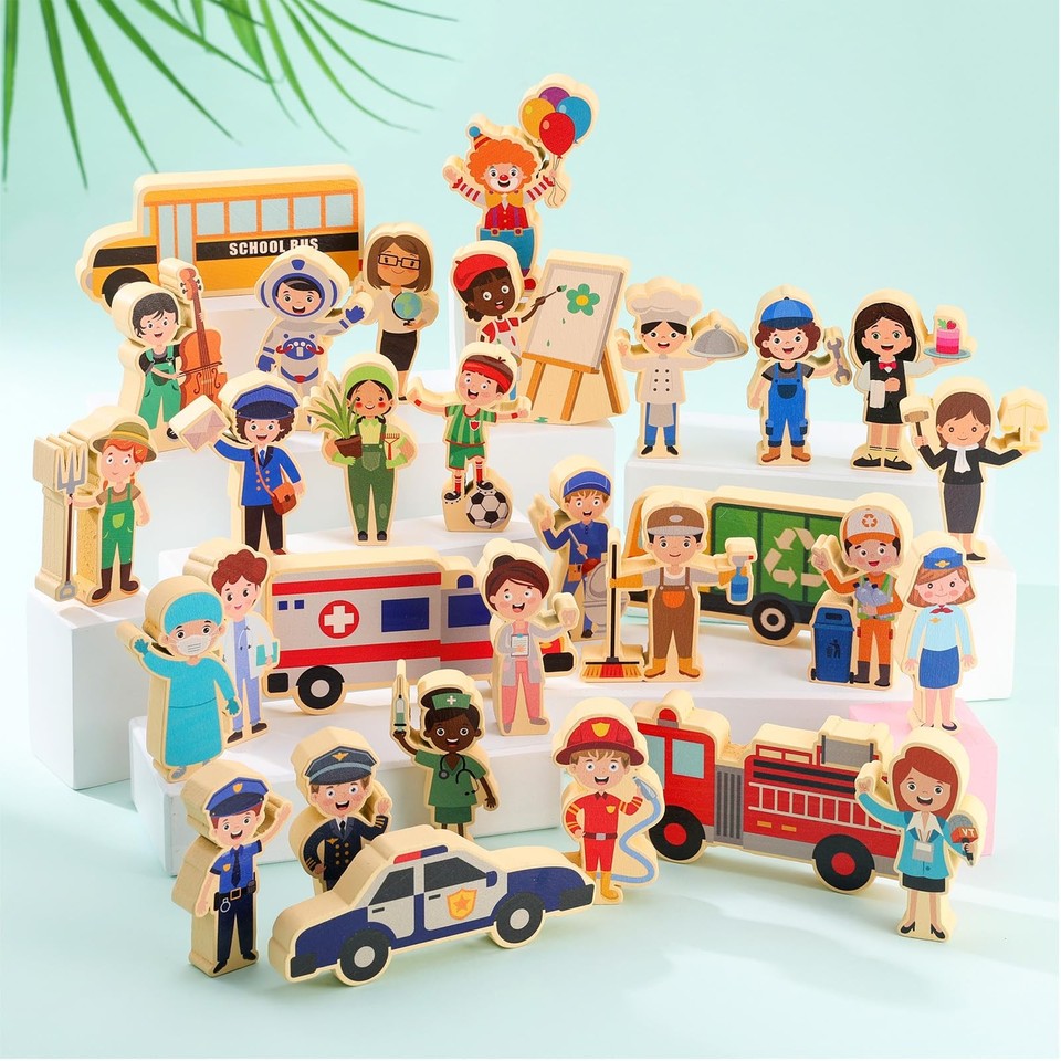 40 Pcs Wooden Community Helpers Little People Figures Occupations ...