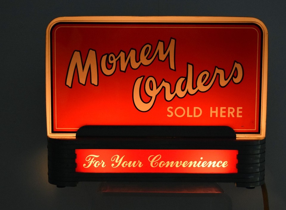 Art Deco Money Orders Sold Here Light Up Counter Sign 12 Inches Wide 9. ...