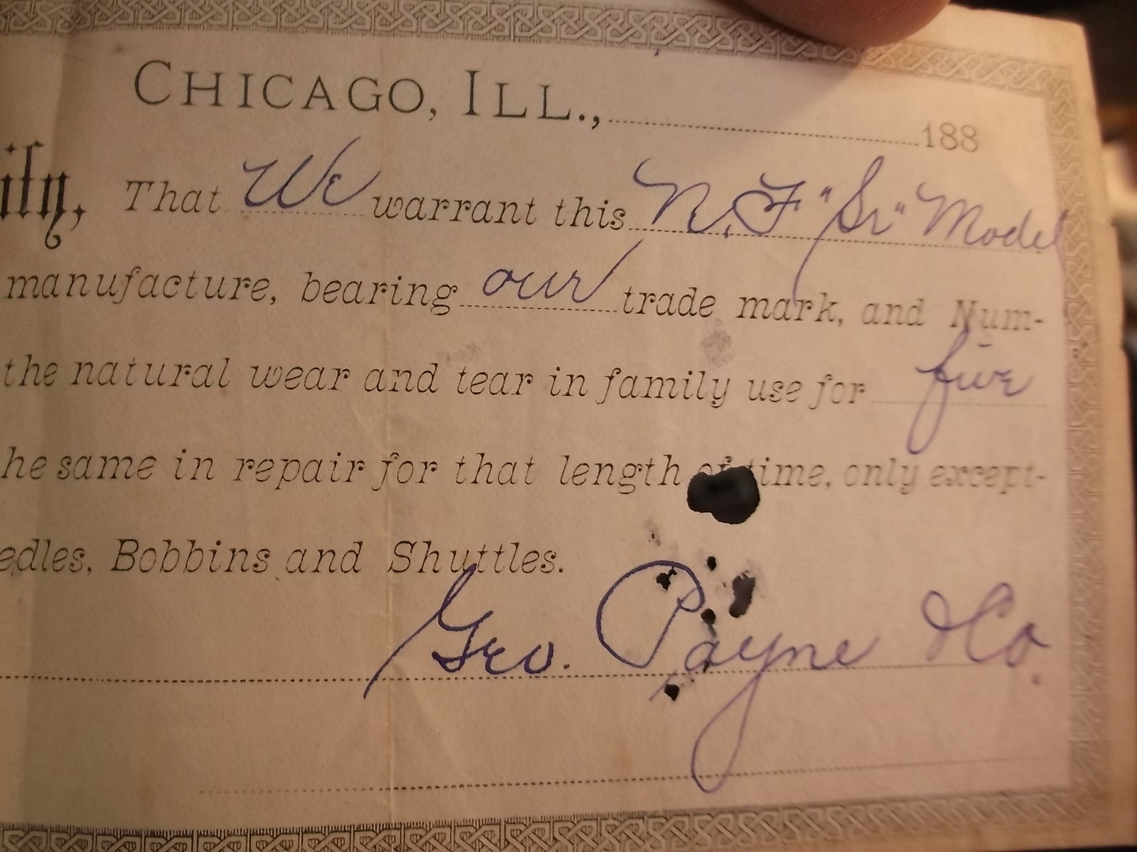 VERY OLD & RARE 1880's CHICAGO "SEWING MACHINE" WARRANTY "GEORGE PAYNE ...