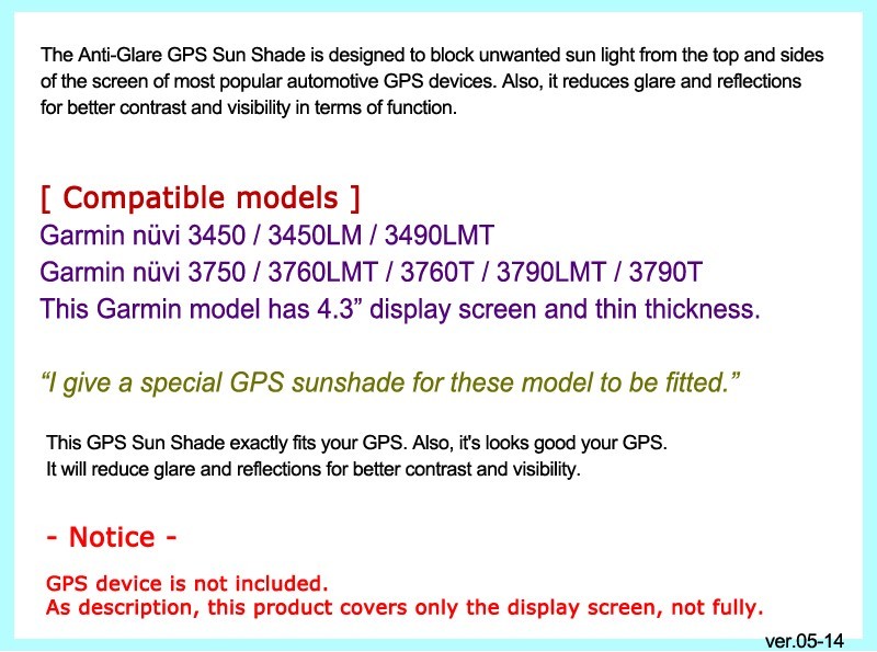 GPS Sun Shade for Garmin nuvi 3450 3450LM 3490LMT 3750 3760LMT 3760T ...
