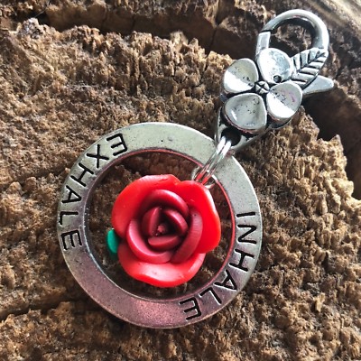 Inhale Exhale Yoga Red Rose Flower Silver Enso Circle Charm Pendant Key ...