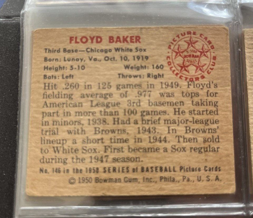 1950 Bowman Floyd Baker #146 “EX” Chicago White Sox “CENTERED” BEAUTY ...