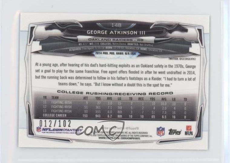 2014 Topps Chrome Mini Pulsar Refractor 12/102 George Atkinson III ...