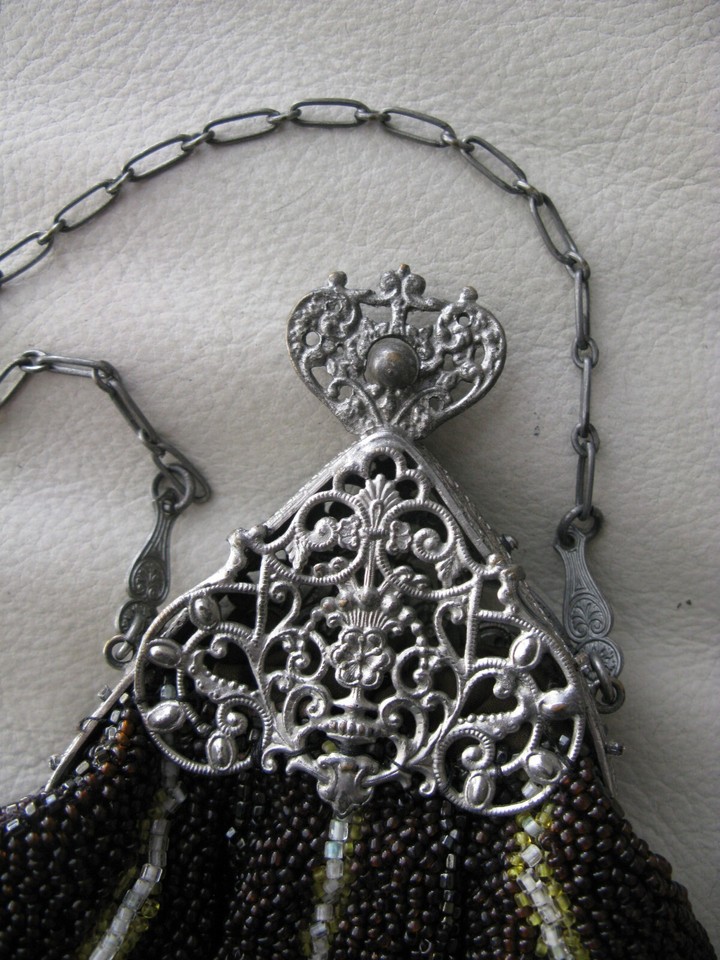 Antique Victorian Silver Filigree Frame Brown Multi Floral Bead Puffy ...