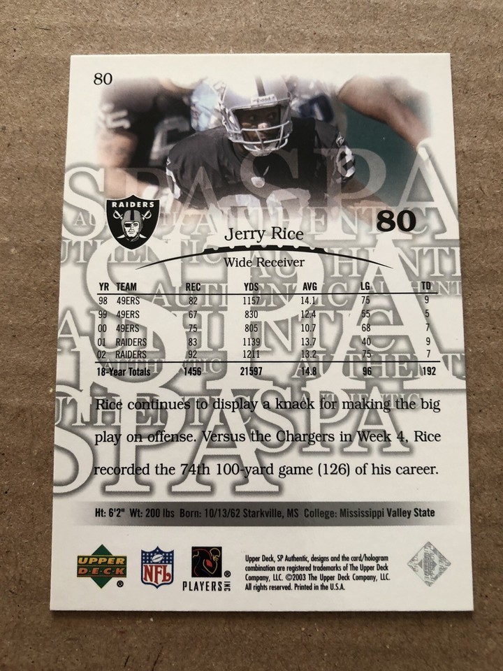 2003 SP AUTHENTIC FOOTBALL - JERRY RICE #80 HOF RAIDERS $$$$ | eBay